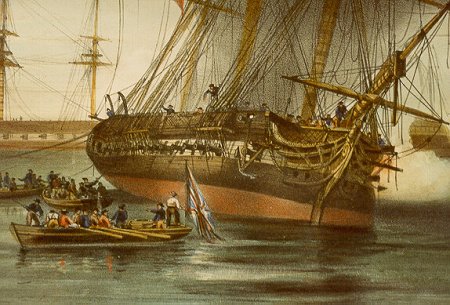HMS Sirius (1797) - El Sirius atrapado en un banco de coral. Litografía ...