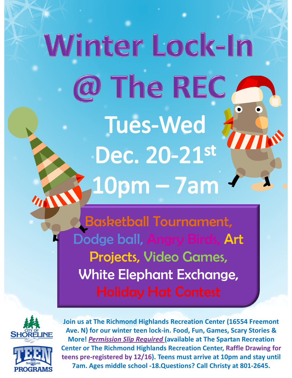 Shoreline Area News: Winter Lock-In teen event at The Rec December 20-21