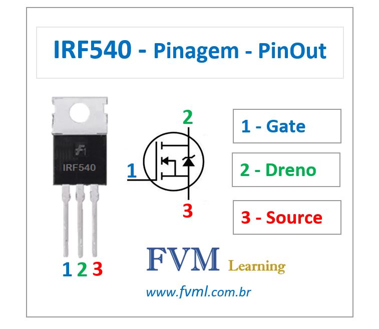Pinagem - Pinout - Transistor Mosfet - NPN - IRF540 - Características - FVML