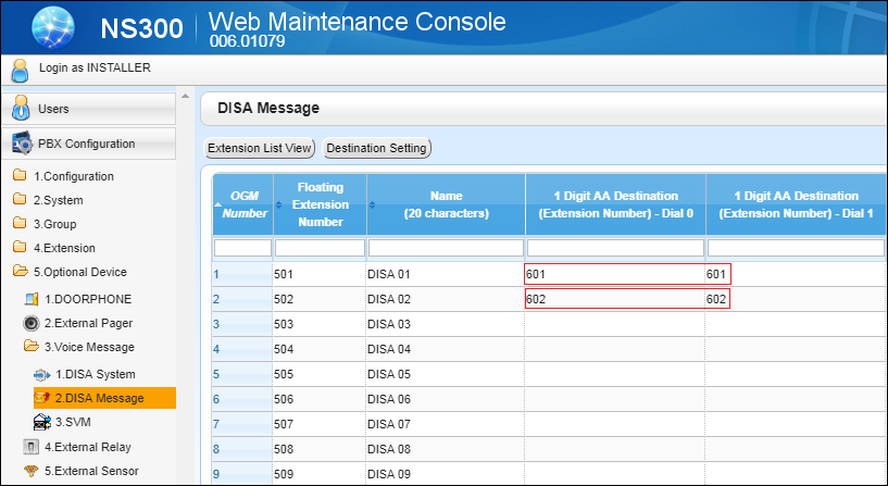 How to configure DISA message in panasonic ns300 epabx?