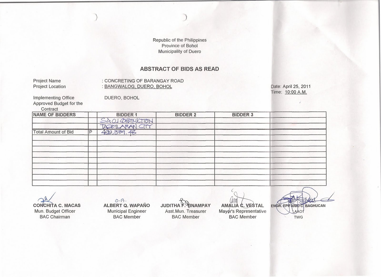 The Municipality of Duero, Bohol: * Abstract of Bids as Read