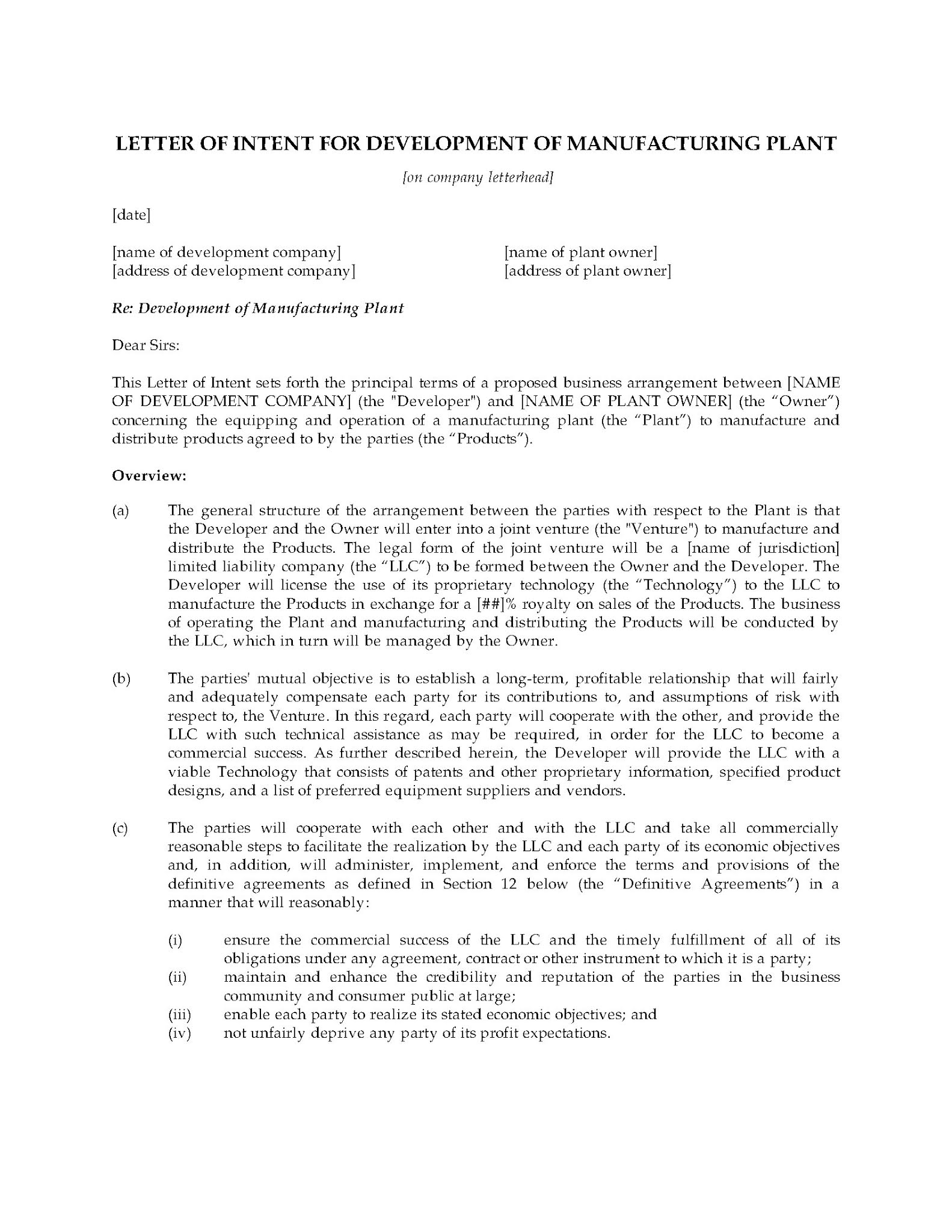 Joint Venture Letter Of Intent Template ~ Resume Letter