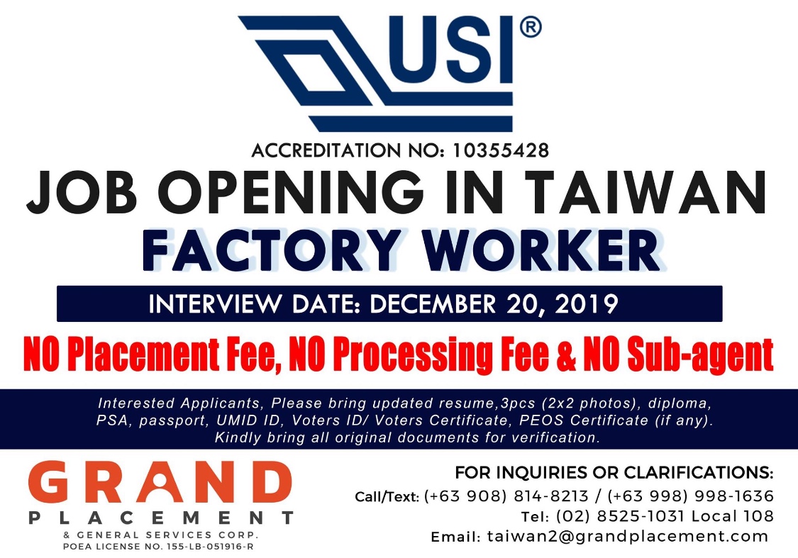 Jobs in Taiwan: USI Corp now hiring Factory Workers | No placement and ...