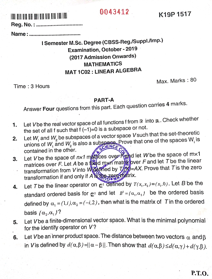 Kannur University M.Sc.Mathematics MAT 1C02: LINEAR ALGEBRA - OCTOBER ...