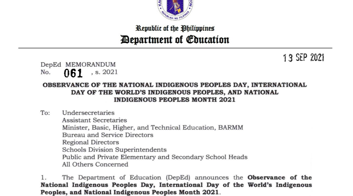 DEPED MEMO N0. 061 S. 2021 | OBSERVANCE OF THE NATIONAL INDIGENOUS PEOPLES DAY, INTERNATIONAL ...