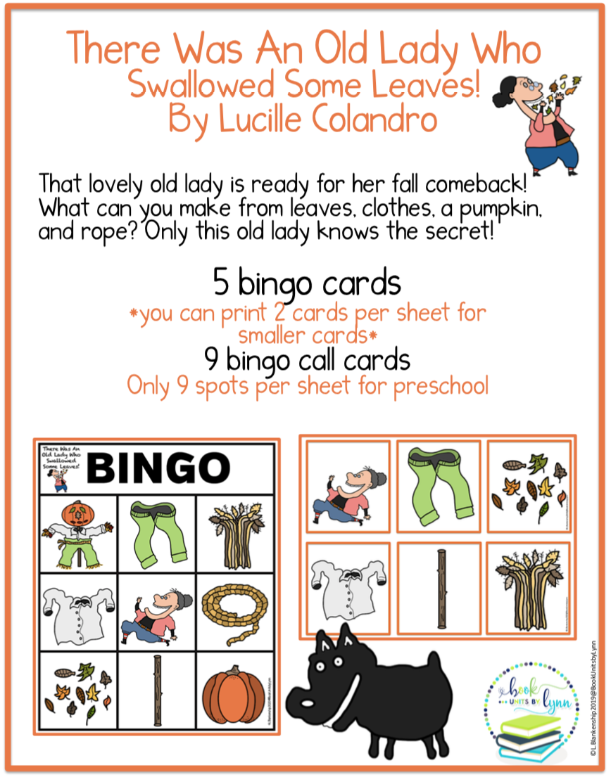 THERE WAS AN OLD LADY WHO SWALLOWED SOME LEAVES! BINGO ~ Book Units by Lynn