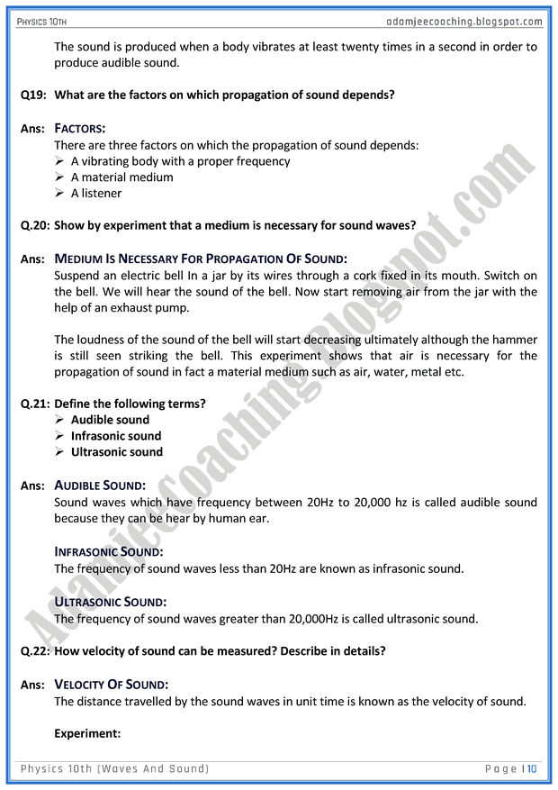 Adamjee Coaching: Waves and Sound - Question Answers - Physics 10th