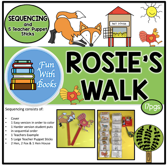ROSIE'S WALK SEQUENCING & 5 TEACHER PUPPET STICKS ~ Book Units by Lynn