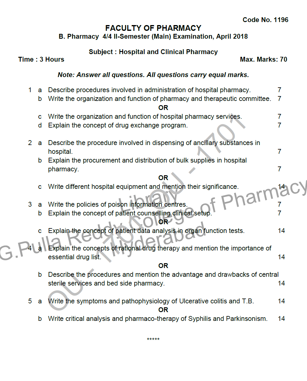 Osmania University B. Pharmacy 4/4 II - Semester (Main) Subject ...