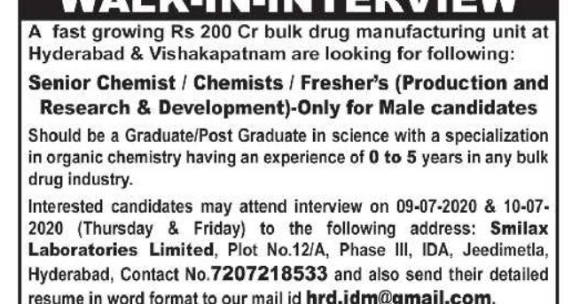 JOB ALERTS HUB: Walk-Ins for Freshers & Experienced in Production / R&D on 9th & 10th July' 2020 ...