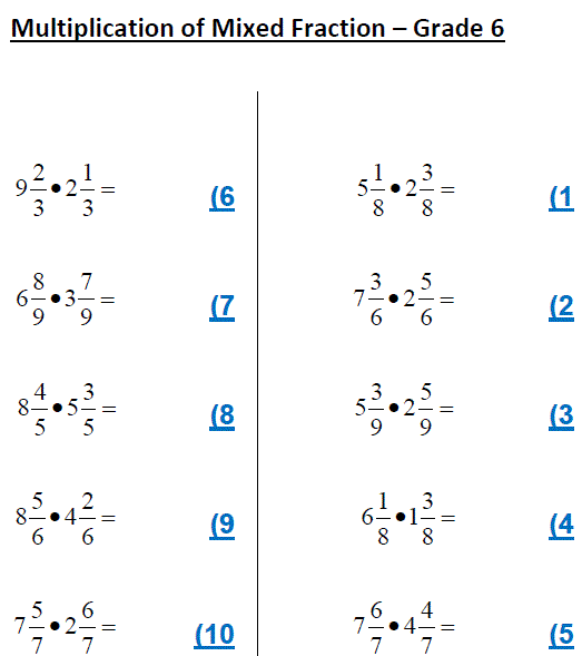 Math & Geometry: Worksheet - Multiplication of Mixed Fraction – Grade 6
