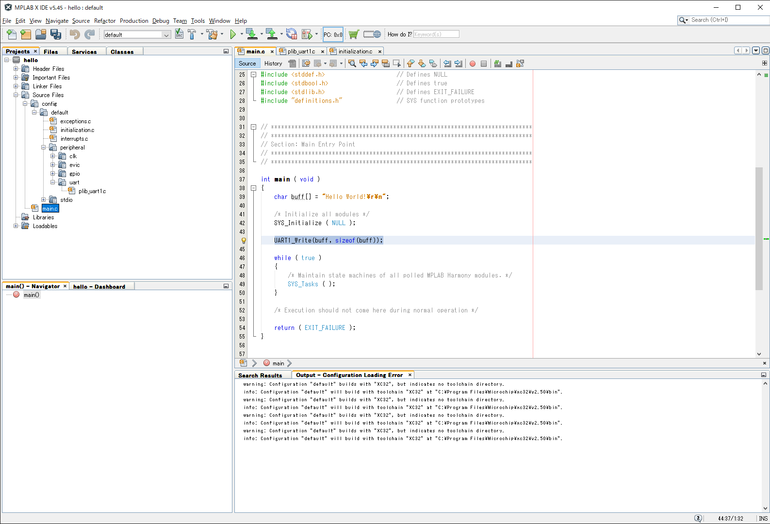 PIC32MX270 - はじめて MPLAB Harmony 3 を使って Hello World!