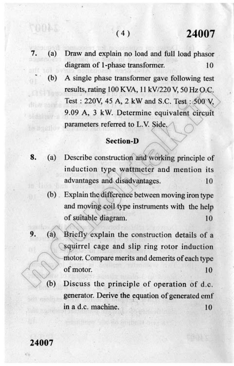 Electrical Technology - Question Paper - B.Tech. 1st year - December 2019