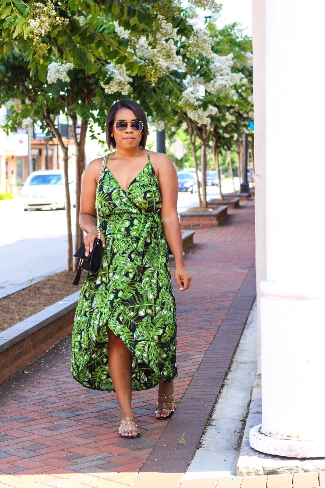 Palm Print Maxi Dress & Studded Sandals | The Savvy Singer