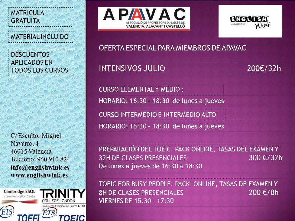 APAVAC: FYI: Oferta especial APAVAC Cursos Intensivos TOEIC verano