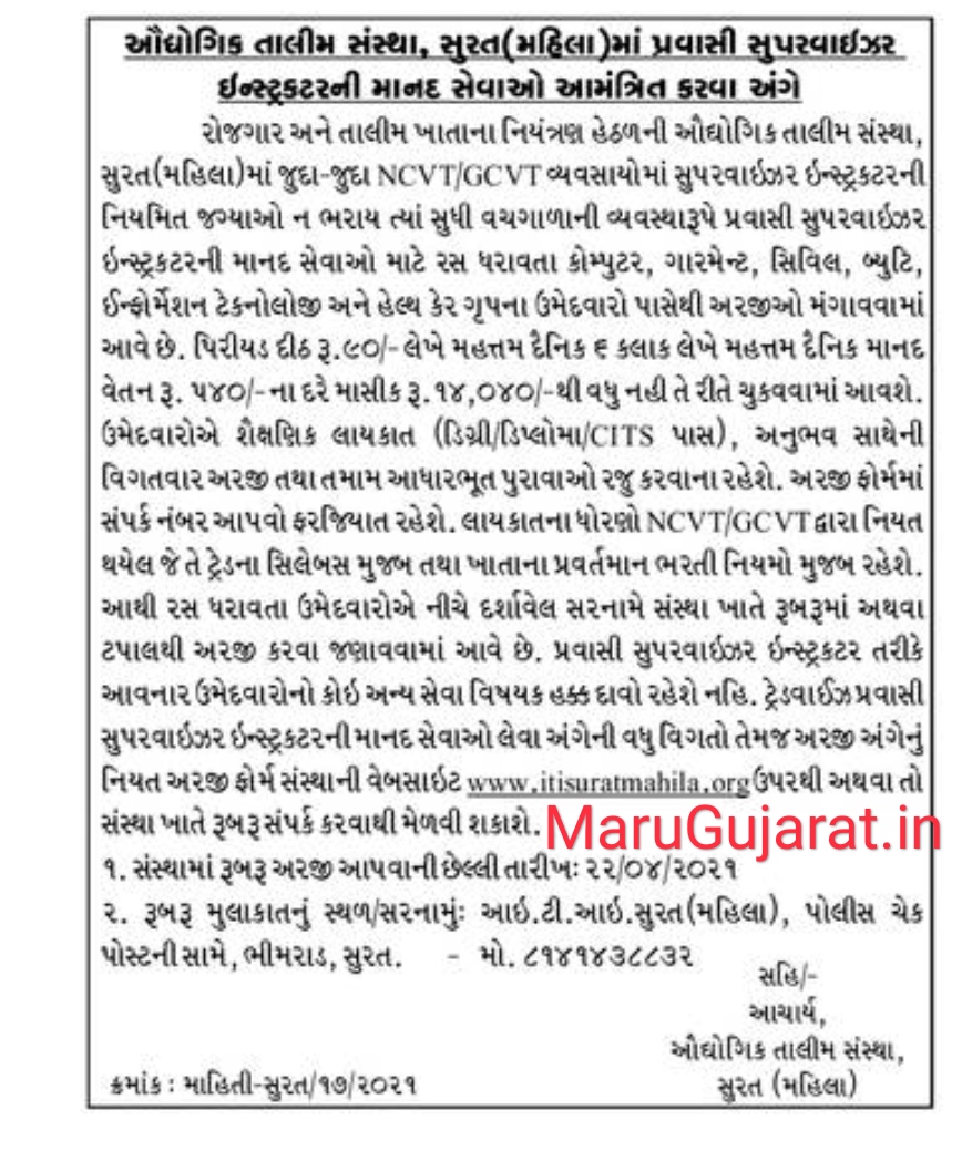 ITI (Women) Surat Recruitment for Pravasi Supervisor Instructor Post ...