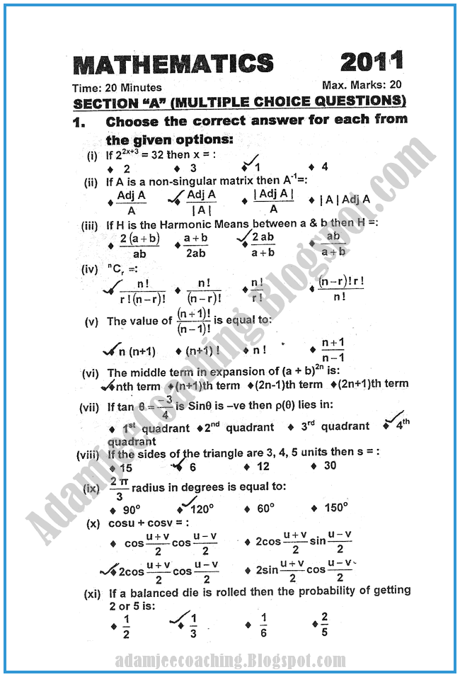 Adamjee Coaching: Mathematics 2011 - Past Year Paper - Class XI Adamjee Coaching: Mathematics 2011 - Past Year Paper - Class XI