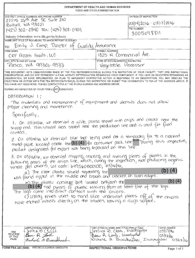 Penn State Food Safety Blog: FDA Investigation Report for Frozen ...