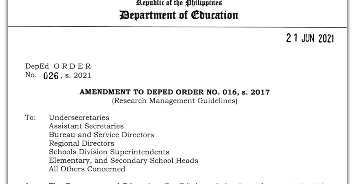 DepEd Order No. 26, 2021 (Amendment to DepEd Order No. 016, s. 2017 ...