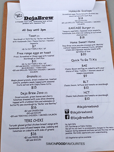 Simon Food Favourites: Deja Brew Cafe, Bondi Junction (5 Dec 2018)