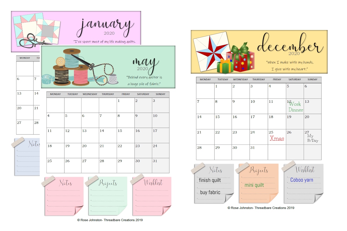 Free 2020 Calendar - Every Day Is A Day To Create! - Threadbare Creations