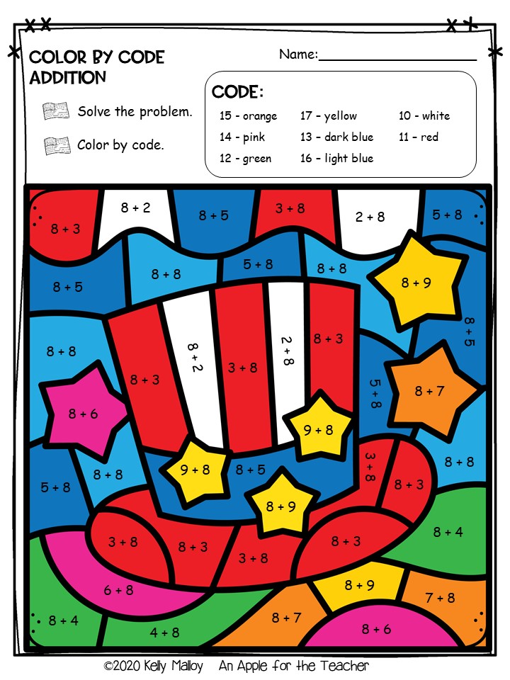 An Apple For The Teacher: 4th of July Color By Number