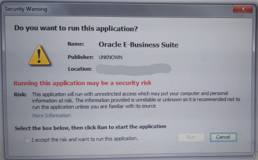 Unknown publisher error while Opening forms in Oracle Apps