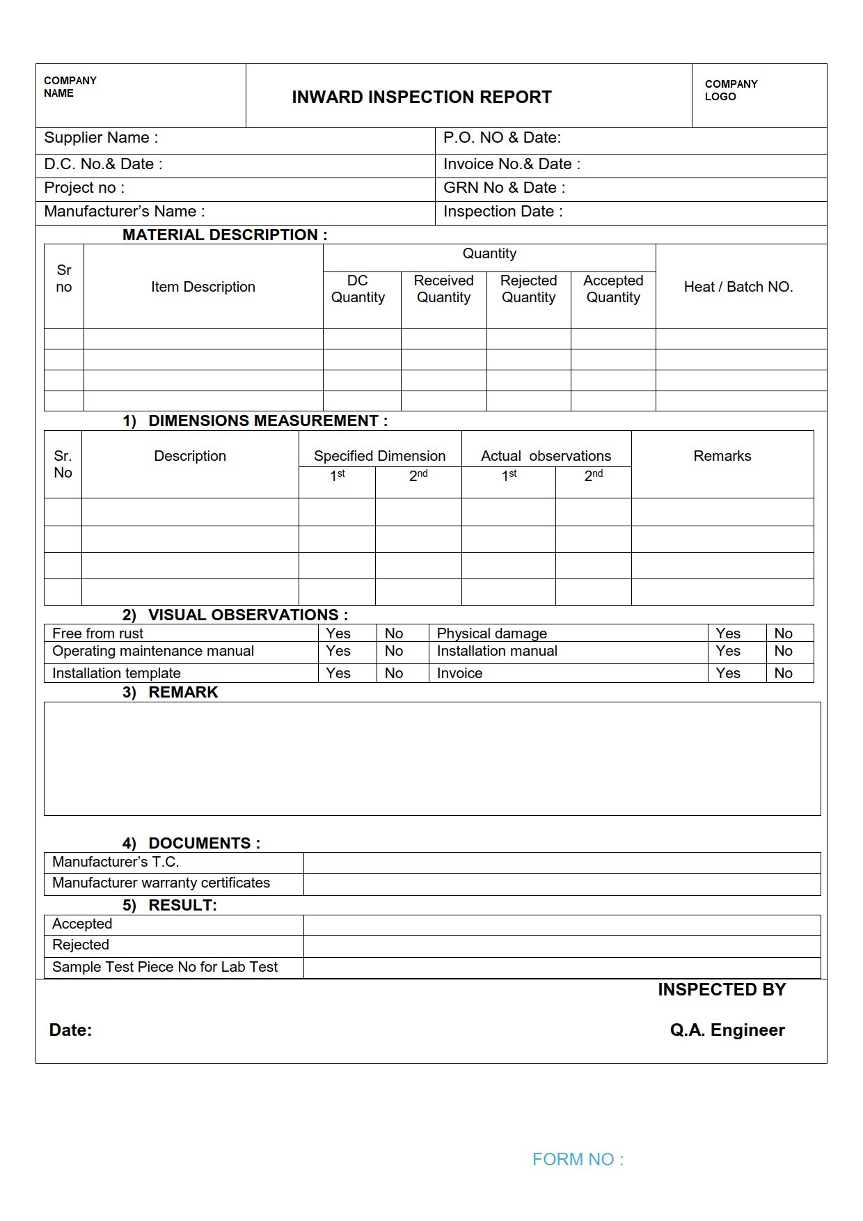 INWARD MATERIAL INSPECTION METHODOLOGY