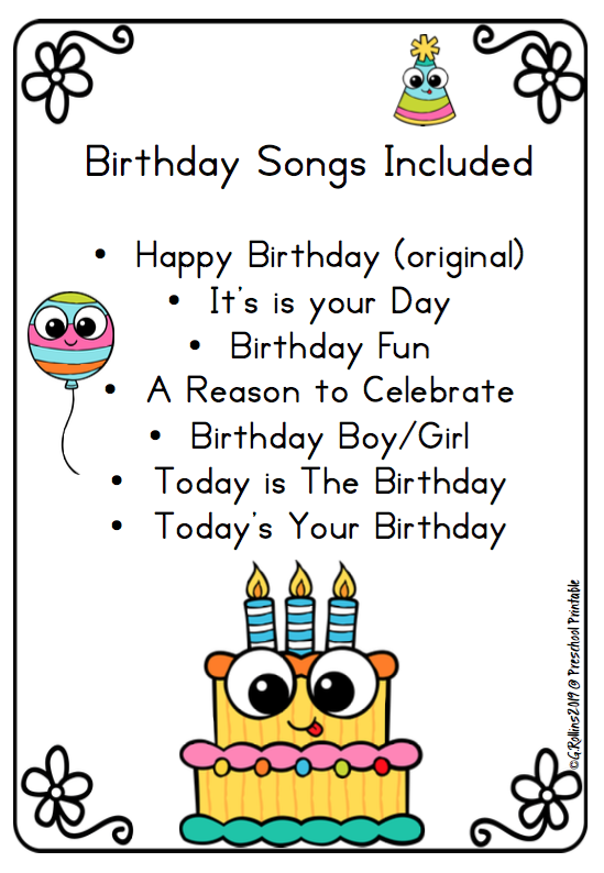 Birthday Songs, Pattern Cards and More ~ Preschool Printables