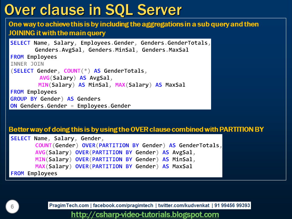 Sql server, .net and c# video tutorial: Over clause in SQL Server
