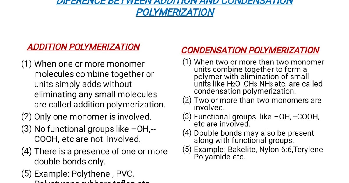 DIFFERENCE BETWEEN ADDITION AND CONDENSATION POLYMERIZATION