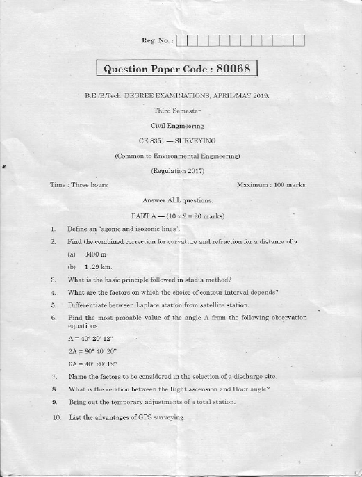 Anna University CE 8351-Surveying APRIL/MAY 2019. Question Paper ...