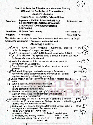 Engineering Chemistry I - 1st Semester Question Papers CTEVT | Diploma ...