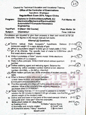 Engineering Chemistry I - 1st Semester Question Papers CTEVT | Diploma ...