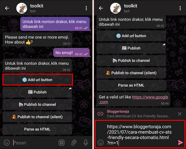 Cara Membuat Button Link Menu di Telegram - Blogger Toraja