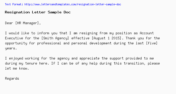 Resignation Letter Template Doc ~ Resume Letter