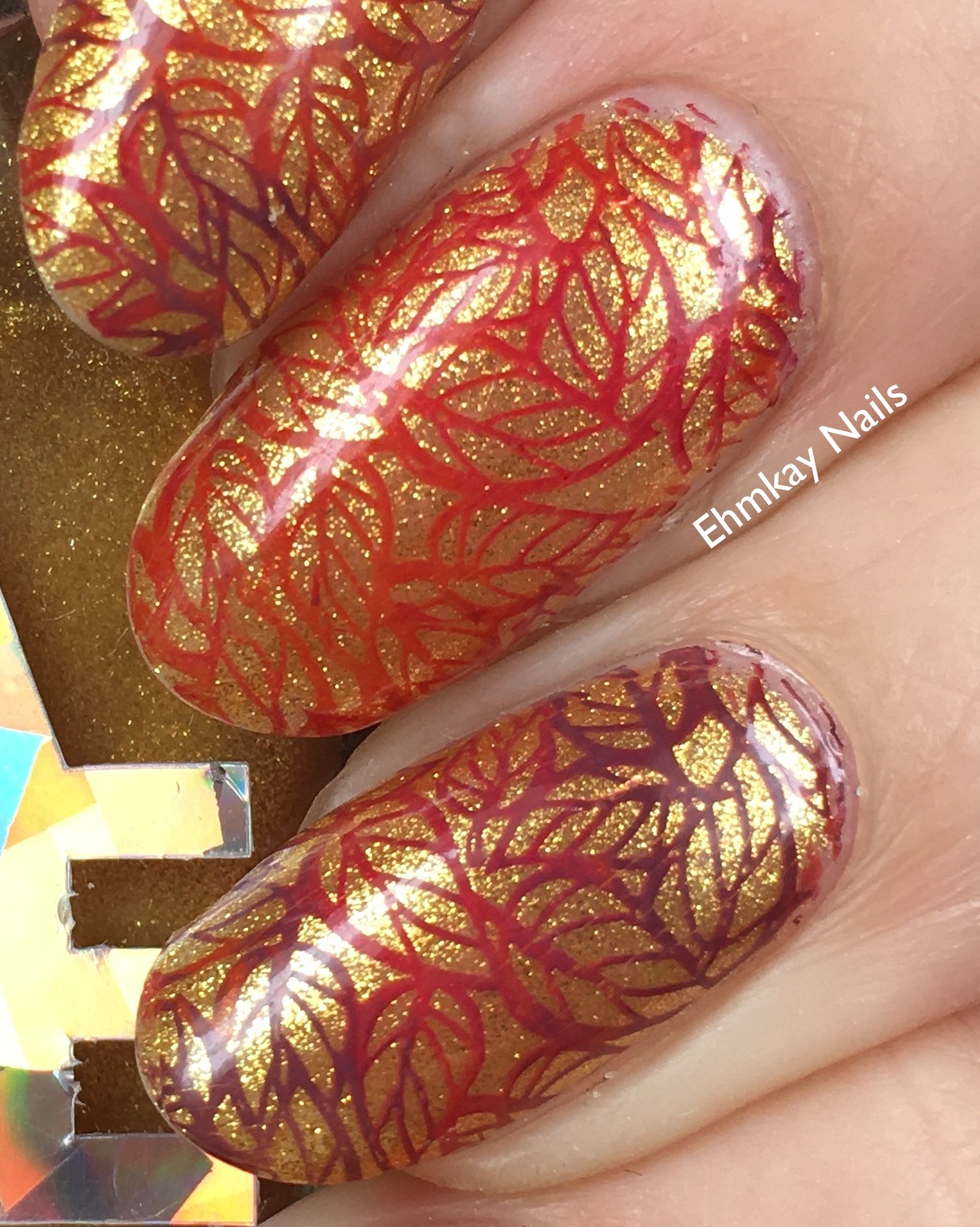ehmkay nails: Alter Ego Golden Topaz with Gradient Leaf Stamping