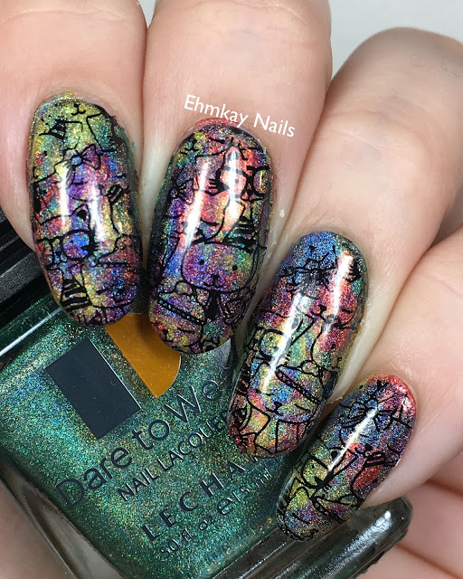 ehmkay nails: Born Pretty Cat Plate over Holo Rainbow Smoosh Mani