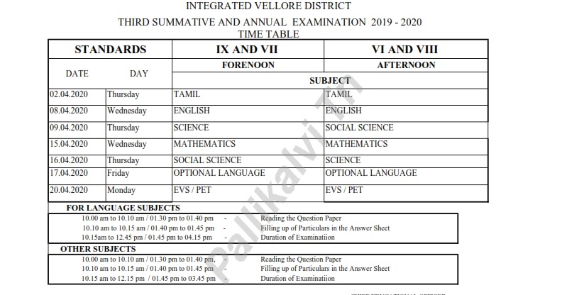 6,7,8,9th Annual Examination Time Table 2019 – 2020 - Pallikalvi ...