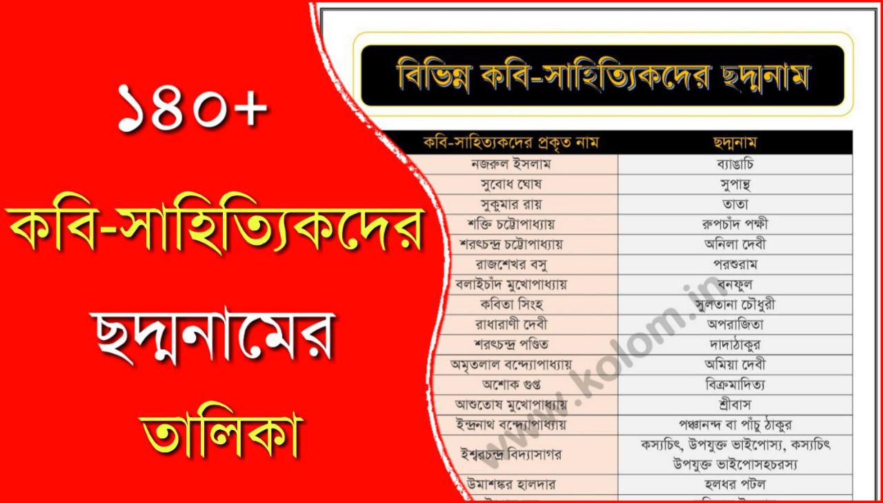 140+ List of Pen Names/Pseudonyms of Famous Bengali Writers PDF in ...