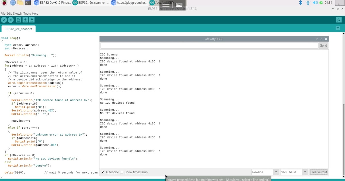 Arduino-er: ESP32 i2c_scanner