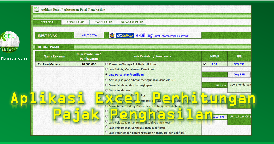 Aplikasi Excel Perhitungan Pajak Penghasilan - ExcelManiacs Aplikasi Excel Perhitungan Pajak Penghasilan - ExcelManiacs