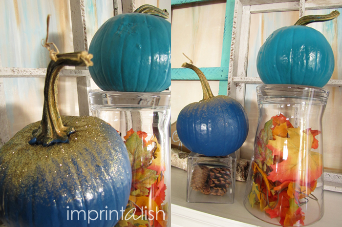 Imprintalish: Turquoise Fall Mantel {with Painted Pumpkins}