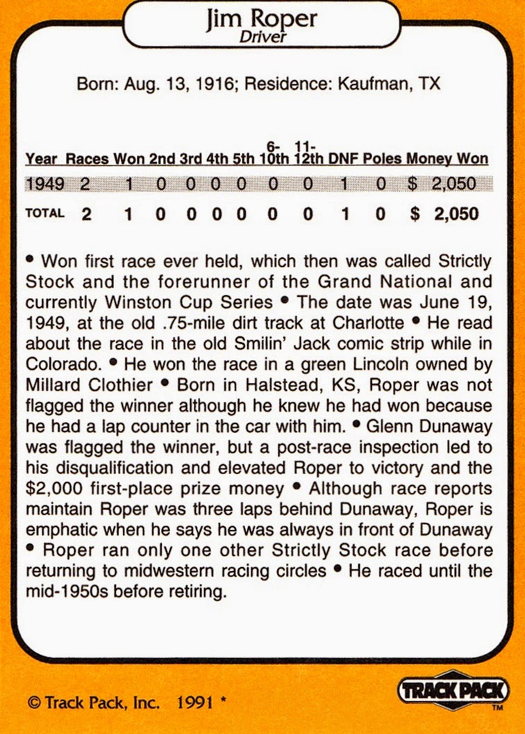 Cardboard History : NASCAR One Hit Wonder #1 Jim Roper