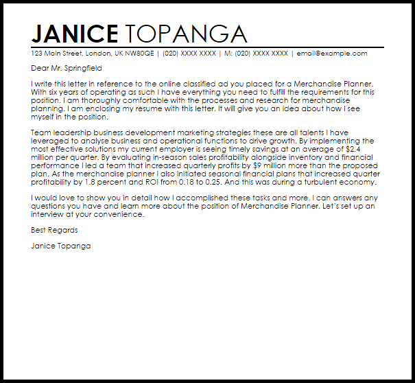 Merchandise Planner Cover Letter ~ Resume Letter