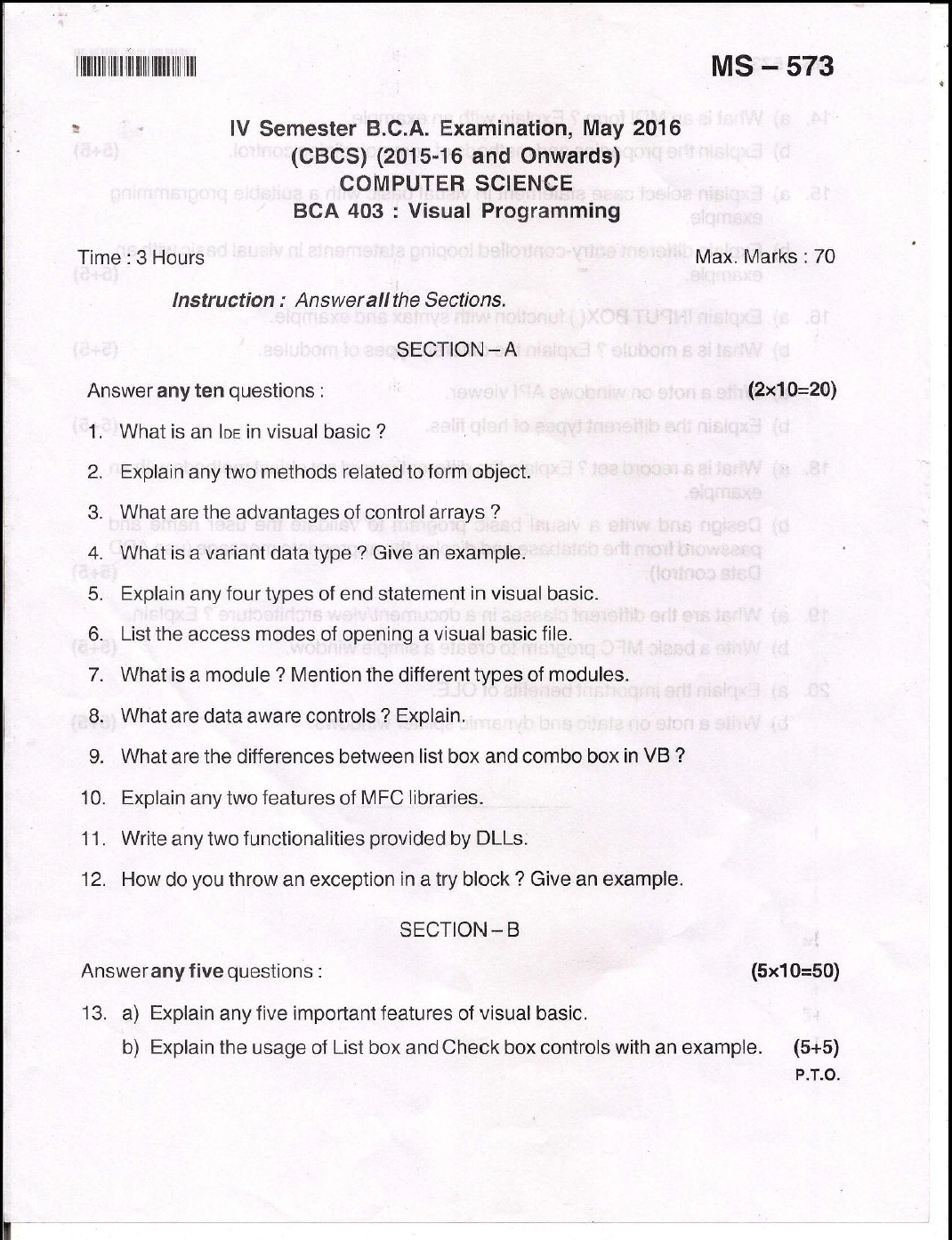 Bangalore University Bca Computer Science Bca 403 Visual Programming May 2016 Question