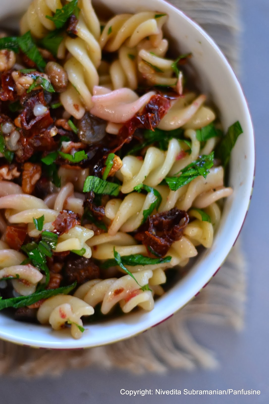 Day 19 - Fusilli with sundried tomatoes, capers & pecans (Pasta)