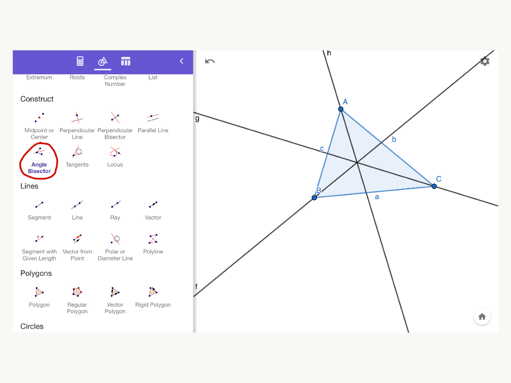 How to construct Incenter and Incircle in Geogebra