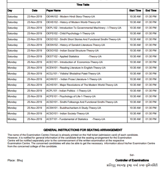 BA Sem-1 Time Table November 2019 KACHCHH University