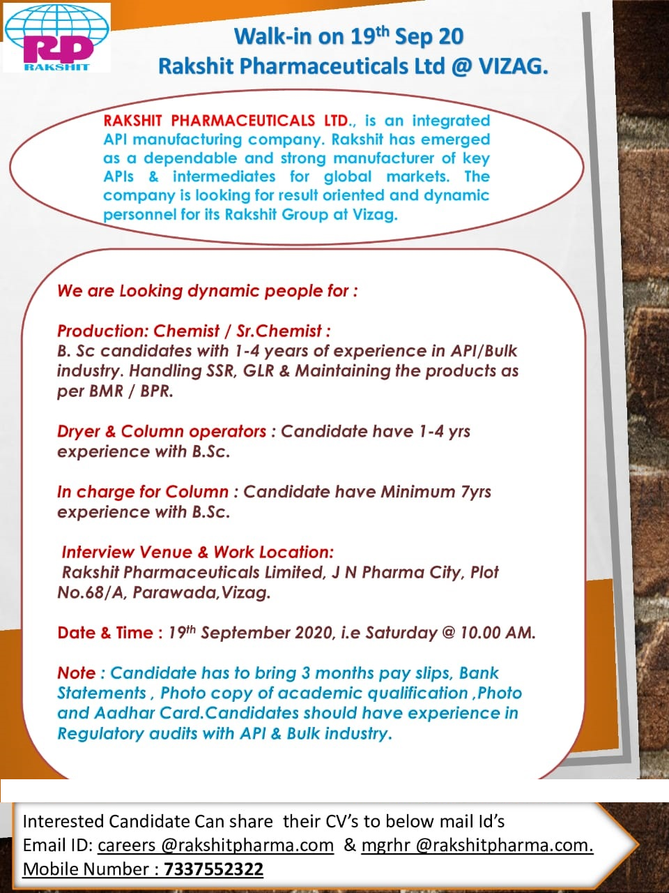 Rakshit Pharmaceuticals | Walk-in interview for Production on 19 Sept 2020 at Vizag